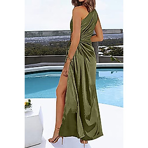 PRETTYGARDEN Women's 2023 Summer One Shoulder Satin Dress Cutout High Split Cocktail Wedding Guest Maxi Dresses (Dark Army Green,Medium)