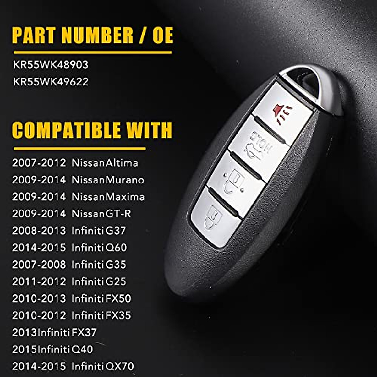 Smart Key Fob Blade Replacement Fit for Nissan Murano Maxima GT-R Altima Infiniti G37 FX50 FX35 G25 G35 2007 2008 2009 2010 2011 2012 2013 2014, #KR55WK48903 KR55WK49622, 4 Button Set 1
