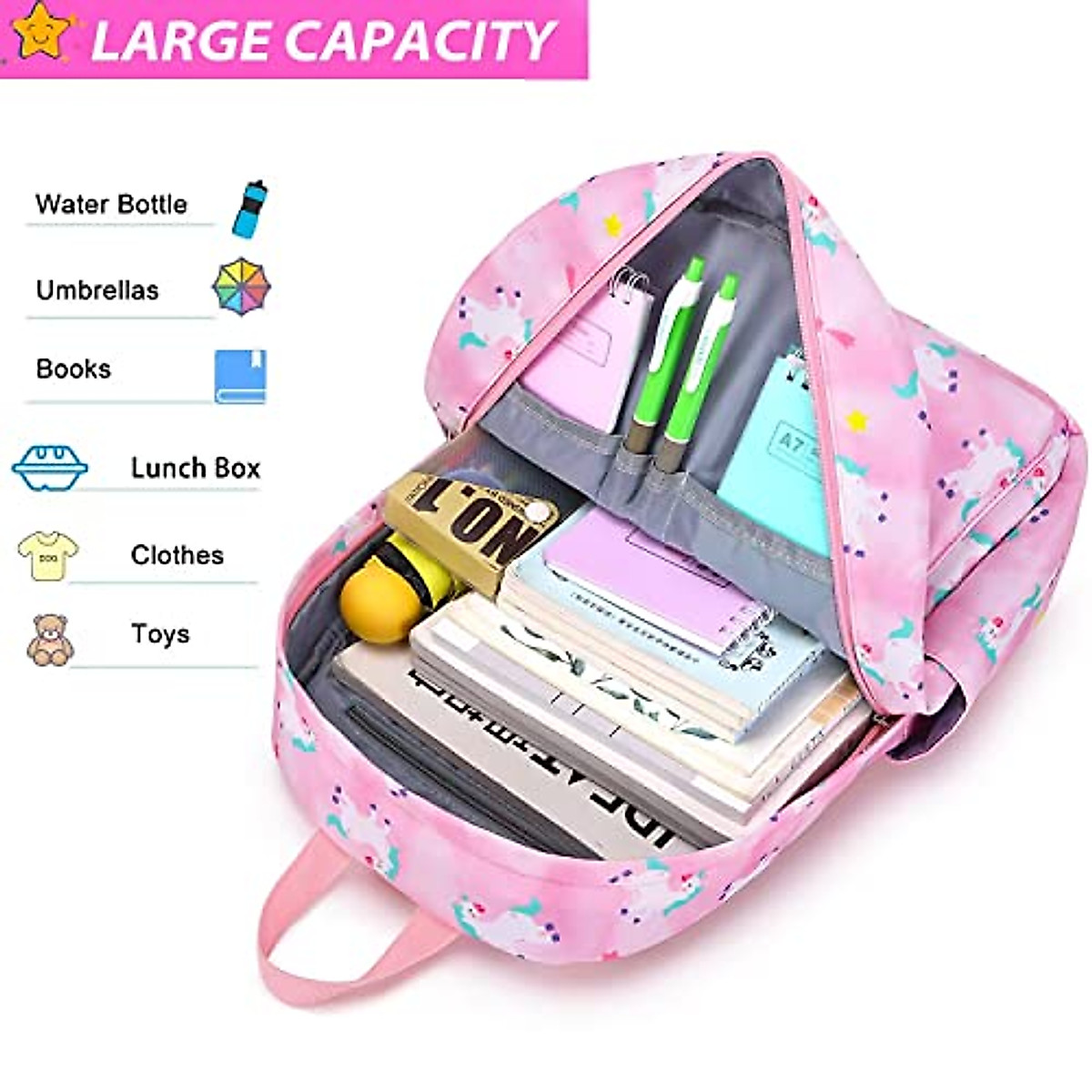 Soekidy Unicorn Toddler Backpack for Girls Cute School Backpack for Girls Kids Backpacks with Lunchbox Animal Cartoon Preschool Backpack Bookbag for Kindergarten