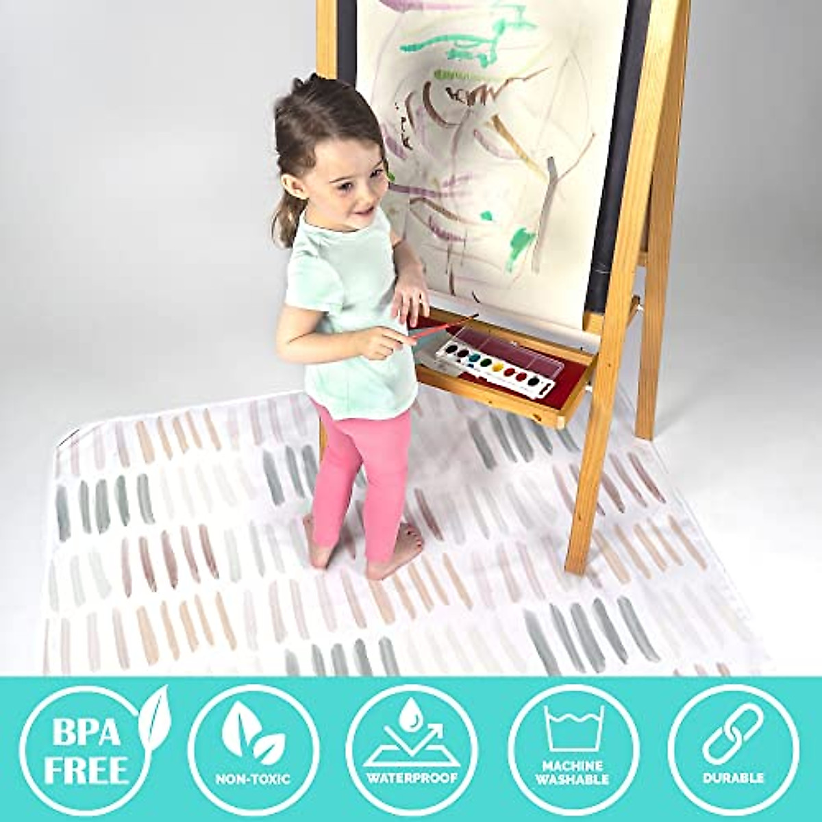 JumpOff Jo – Baby Splat Mat for Under High Chair,– Washable Waterproof Baby Floor Mat for Arts and Crafts Playtime and Dining Table or Booster Seat, Reusable Fabric 51"x51" - Dashes