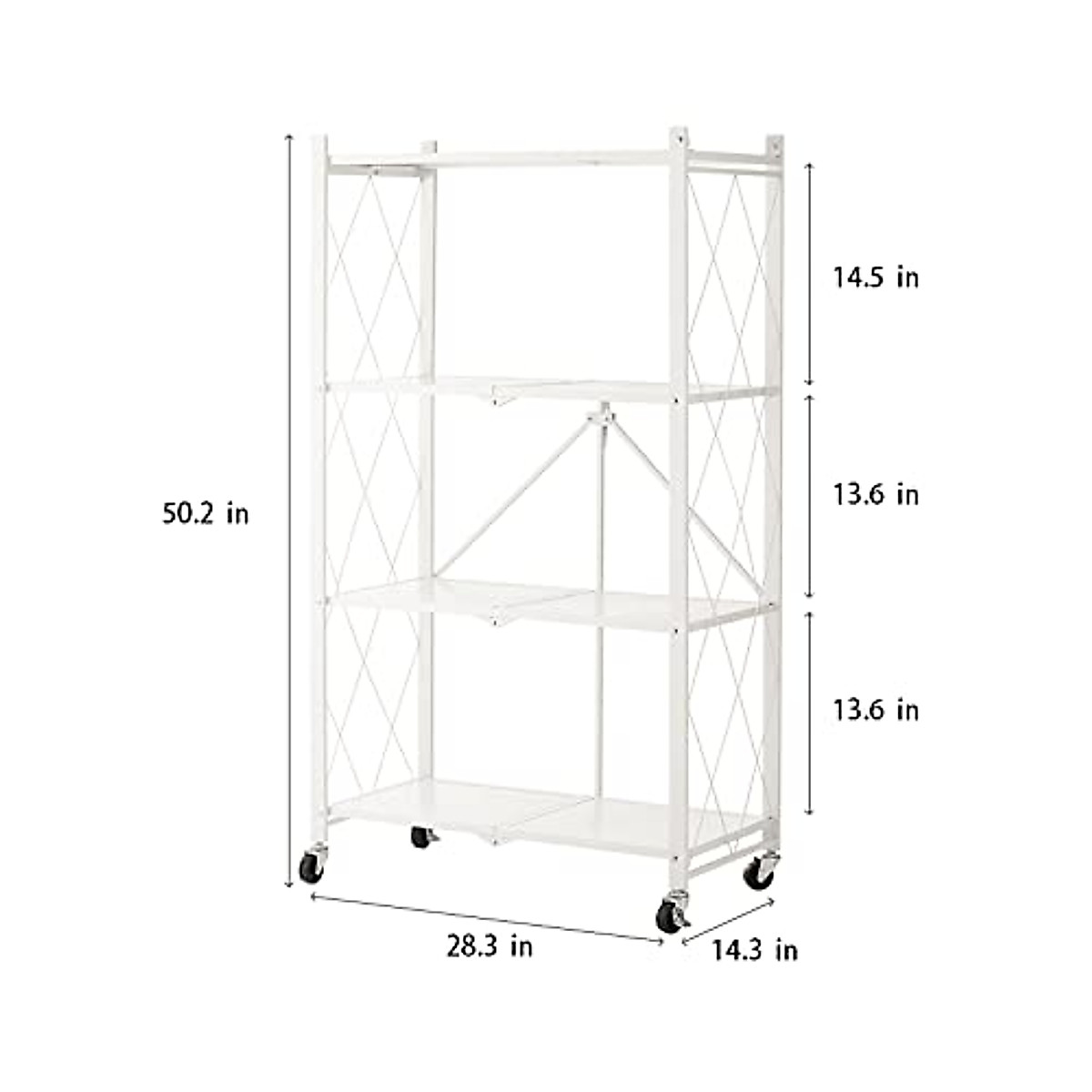 ShanSon Storage Shelves with Wheels 4 Tier Heavy Duty Foldable Metal Rack Storage Shelving Units for Garage Kitchen，White