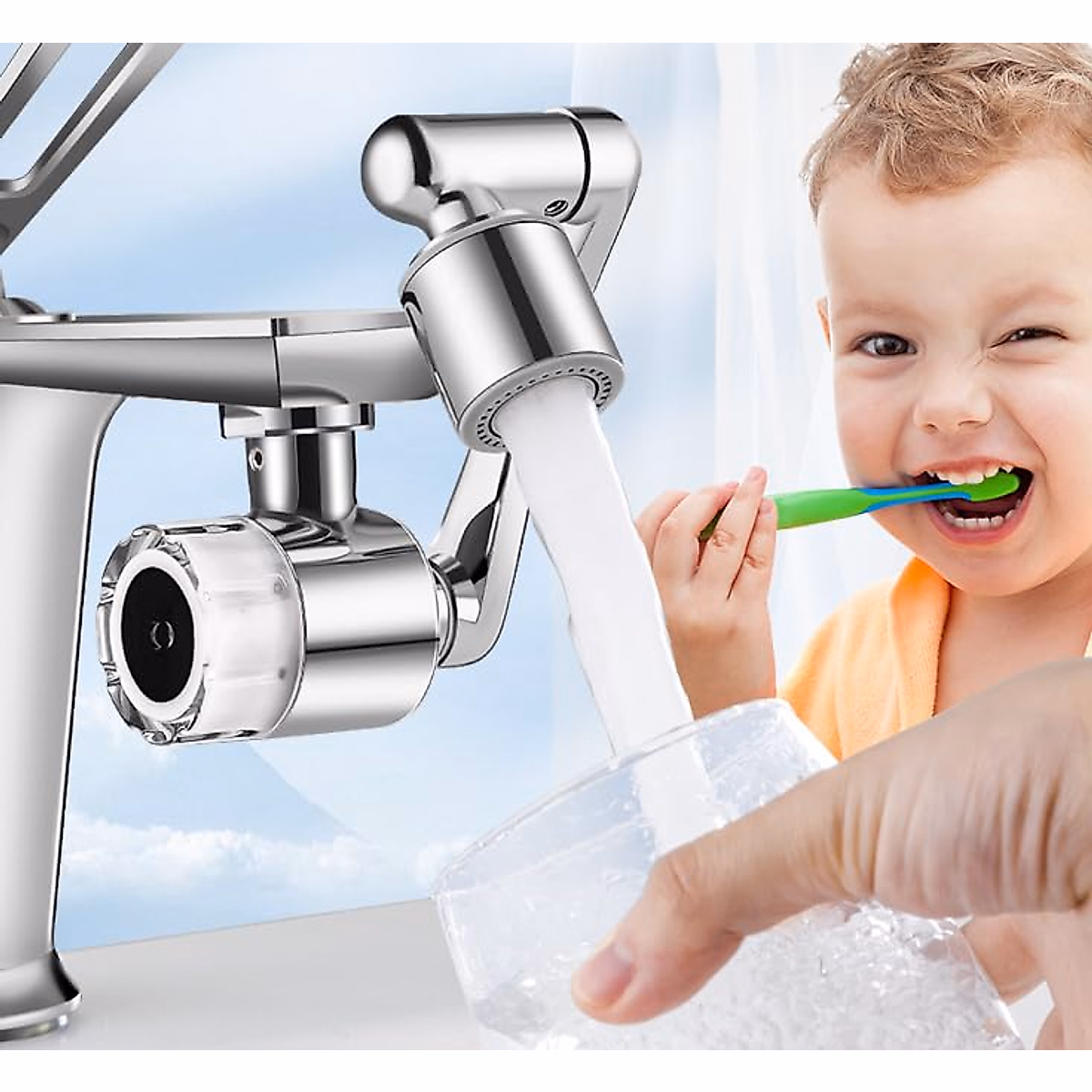 NIXTIDRA 1080° Rotating Faucet Extender with PP Cotton Filters, 2 Modes Swivel Robotic Arm Sink Aerator for Kitchen/Bathroom, 20mm/22mm Female and 24mm Male Thread Connection, Silver