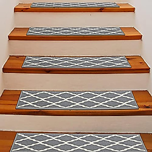Machine Washable Moroccan Trellis Design Non-Slip Rubberback 8.5" x 26" Traditional Indoor Stair Treads for Wooden Stairs, 14 Pack, Gray
