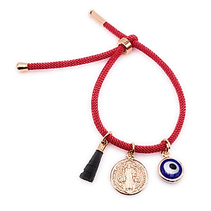 18K Gold Plated Saint Benedict Red String Bracelet Adjustable Charm Evil Eye & Dainty Genuine Azabache Hand