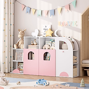FACBOTALL Kids Bookshelf in The Shape of Truck, 3-Tier Toy Storage Organizer with Two Doors, Toddler Bookcase and Toy Storage for Living Room, Kindergarten, Playroom, Nursery, Pink and White
