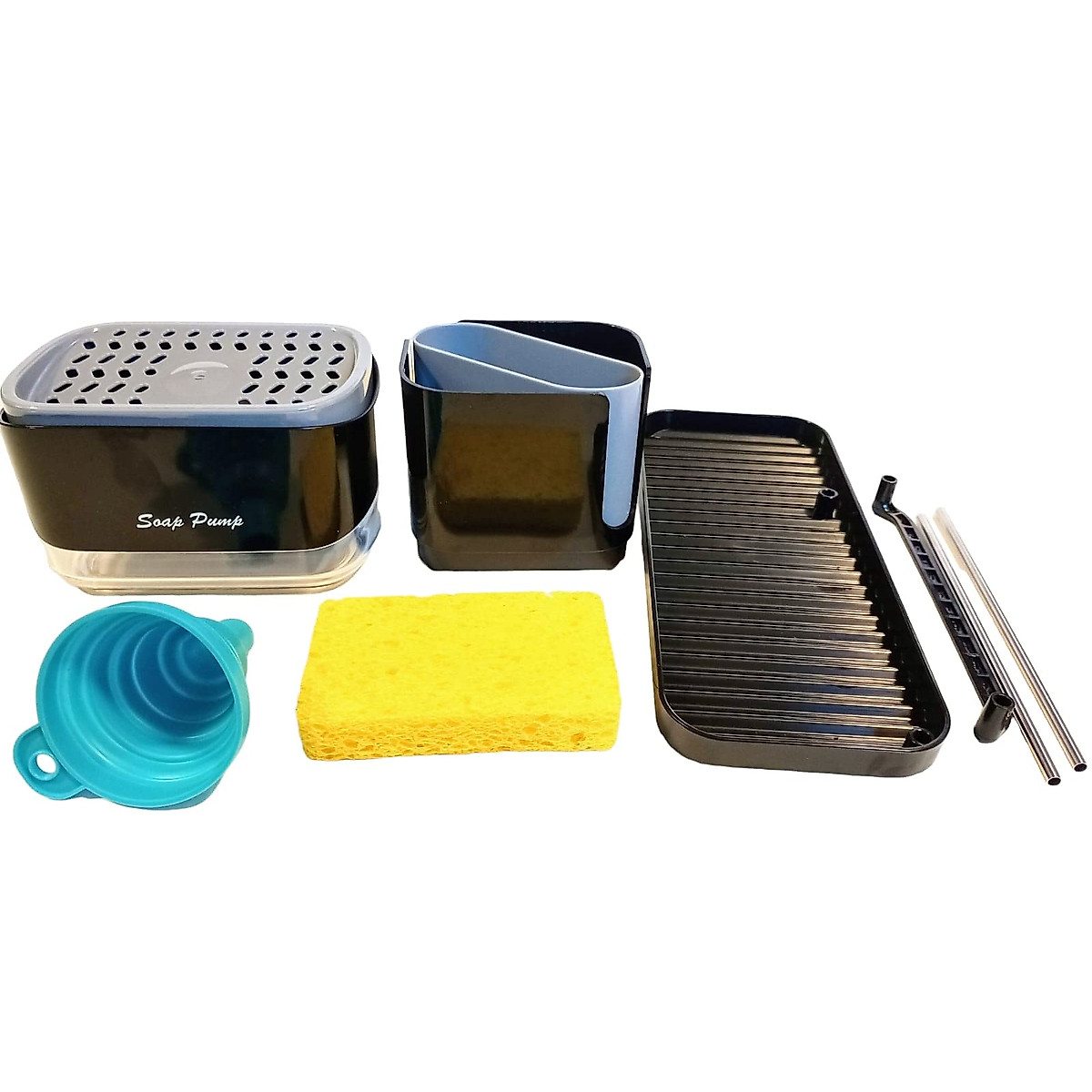 Dish Soap Dispenser for Kitchen with Sponge Holder, Dishcloth and Brush Holder, Countertop Caddy Organizer for Kitchen Sink Easy Fill with Funnel