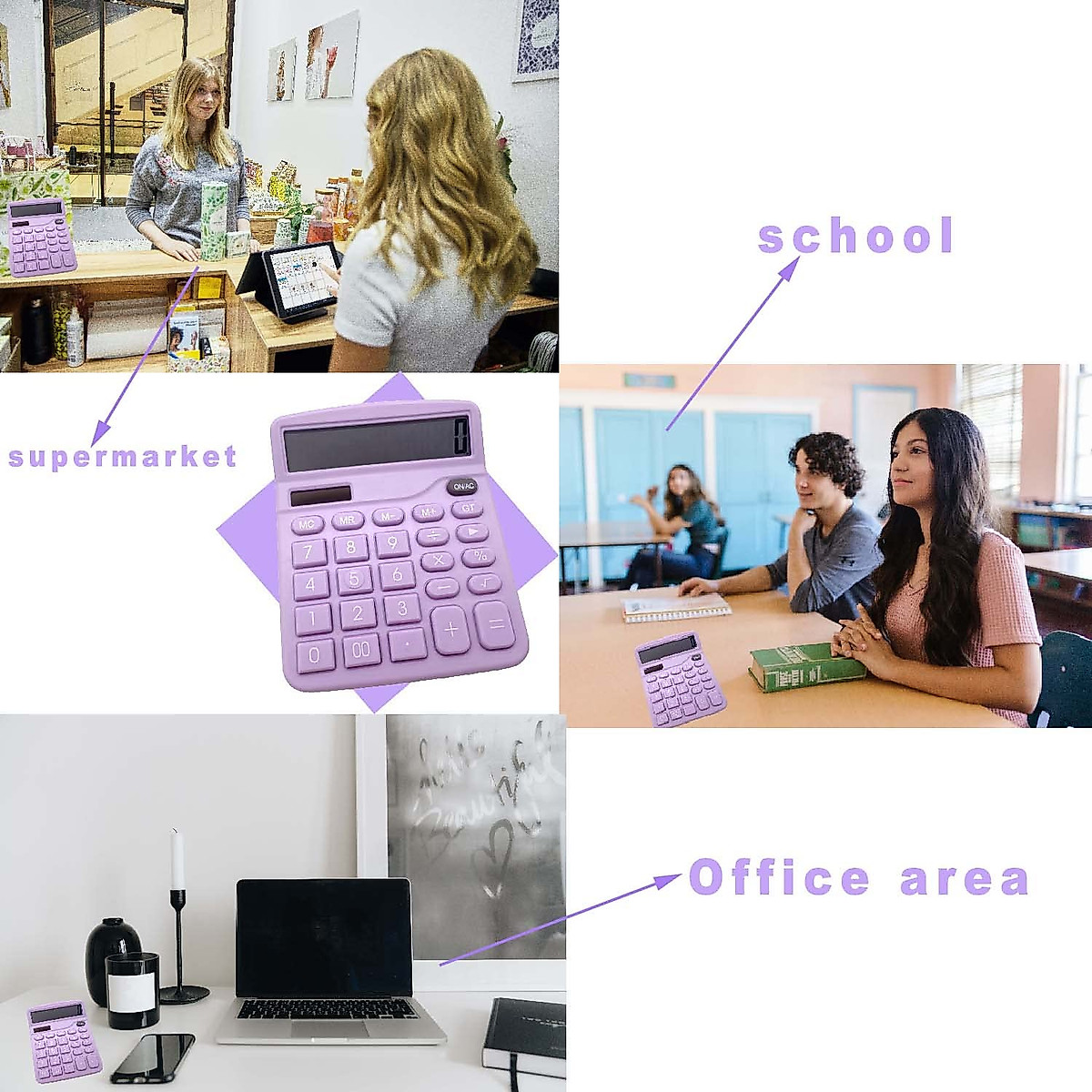 YOUHO Calculator, 12-bit Solar Battery Dual Power Standard Function Electronic Calculator with Large LCD Display Office Calculator Purple