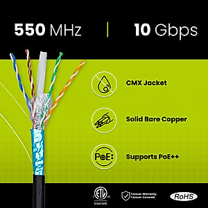trueCABLE Cat6 Outdoor, Shielded F/UTP, 500ft, UV Resistant, CMX Rated, Black, 23AWG Solid Bare Copper, 550MHz, PoE++ (4PPoE), ETL Listed, Bulk Ethernet Cable