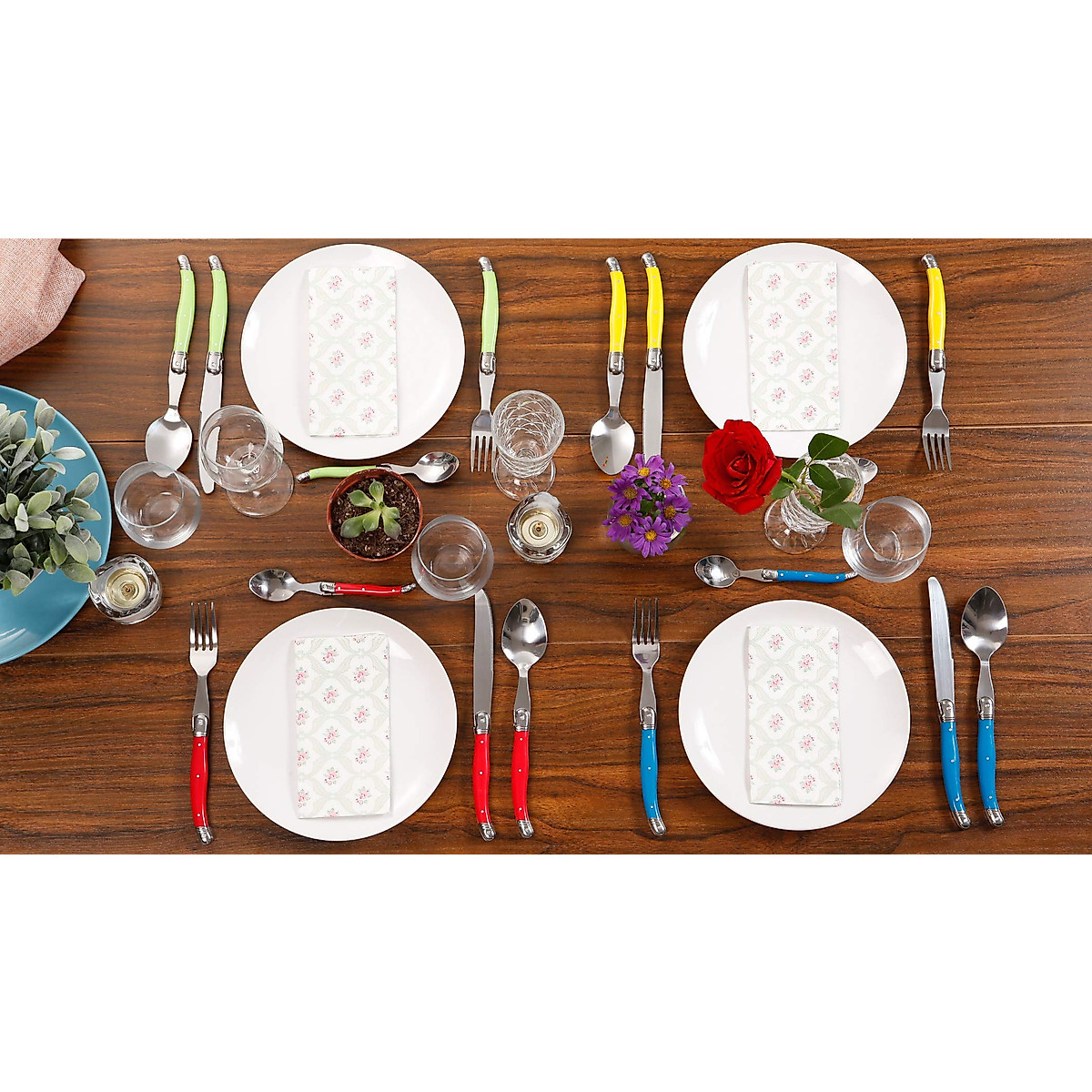 Laguiole By FlyingColors Stainless Steel Flatware Set. Multicolor Handles, Wooden Storage Box, 34 Pieces