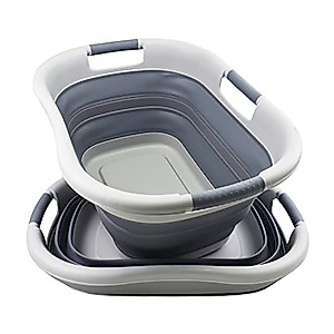 SAMMART 30L (7.9 gallon) Collapsible Plastic Laundry Basket - Foldable Pop Up Storage Container/Organizer - Portable Washing Tub - Space Saving Hamper/Basket (Grey/Dark Grey (Set of 2))