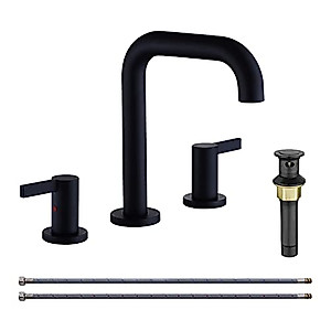 RKF Bathroom Faucets for Sink 3 Hole Matt Black 8 inch Widespread Bathroom Sink Faucet with Drain Double Lever Handle Faucet Bathroom Vanity Faucet Basin Mixer Tap Faucet with Hose & Deck CWF028-MB