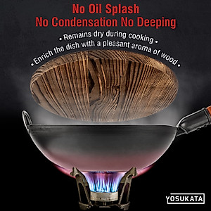 YOSUKATA Carbon Steel Wok Pan 13,5“ with Premium Wok Cover 13,5 inch Pan Lid - Chinese Wok with Flat Bottom Pow Wok Plus Condensate-free 13,5 inch Pan Lid