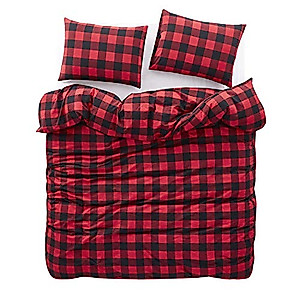 Wake In Cloud - Red Black Plaid Duvet Cover Set, 100% Washed Cotton Bedding, Buffalo Check Gingham Plaid Geometric Checker Pattern, with Zipper Closure (3pcs, King Size)