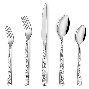 Hammered Silverware Set, 40 Pieces Stainless Steel Square Flatware Set for 8, Mirror Polished Tableware Cutlery Set for Home Kitchen Restaurant, Kitchen Utensils Set, Modern Design, Dishwasher Safe