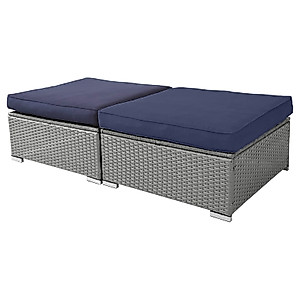 Patiomore 2 Pieces Outdoor Ottoman, All-Weather Grey Wicker Footstool Footrest Seat, Patio Rattan Sectional Furniture Set with Removable Cushions for Balcony, Backyard, Garden (Dark Blue)