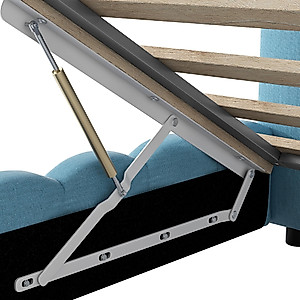 Voohek Queen Size Upholstered Platform Bed with Built-in LED Lighting, Inner Shelf Headboard and USB Charge Ports, Modern Bedframe w/Lift-Up Underneath Storage Space, Blue