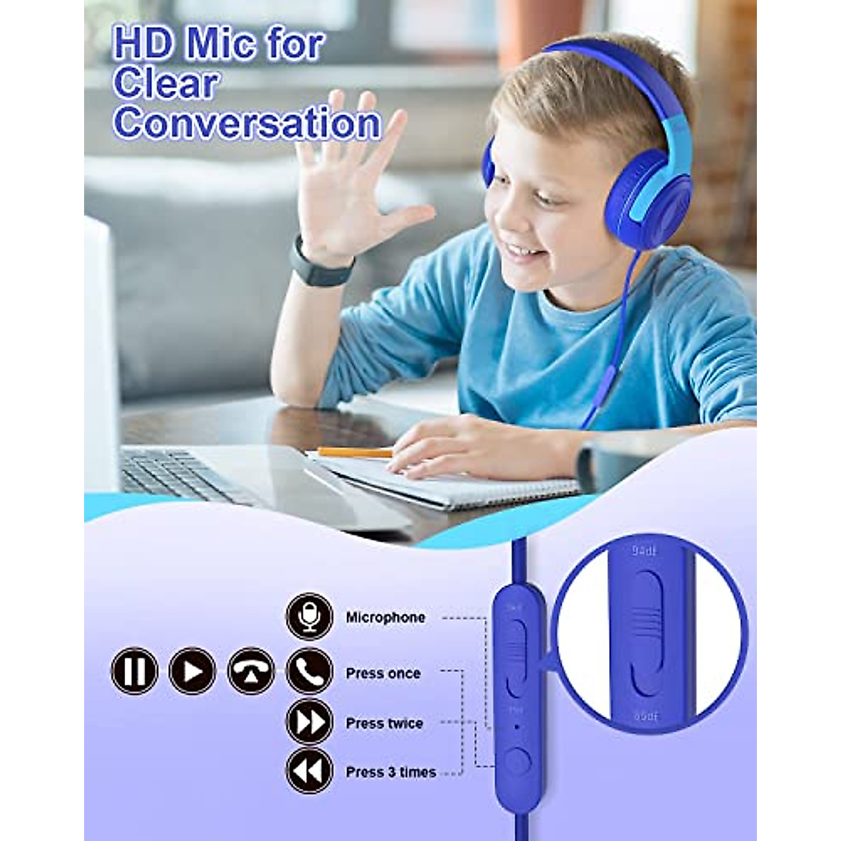 ELECDER Kids Headphones, S8 Wired Headphones for Kids with Microphone for Boys Girls, Adjustable 85dB/94dB Volume Limited, 3.5 mm Jack for School/Kindle/Smartphones/Tablet/Airplane Travel(Navy/Blue)