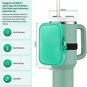 SAPYONY 2pcs Water Bottle Pouch For Stanley Quencher Adventure 40oz & Stanley IceFlow 20oz 30oz,tumbler pouch with Pocket, for Cards, Keys, Wallet, Earphone,Compact, Versatile(Khaki, Lake Green)