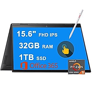 HP Envy x360 15 2-in-1 Laptop 15.6" FHD IPS Touchscreen AMD Hexa-Core Ryzen 5 5500U (Beats i7-10510U) 32GB RAM 1TB SSD Fingerprint Backlit HDMI USB-C B&O Office365 Win11 Black + Pen