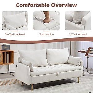 RIHEREFY 60'' Loveseat Sofa Couch with Storage, Modern Loveseat Couch with 4 Pillows & Metal Legs, 2 Seater Sofa with USB & Type C for Living Room,Bedroom, Apartment（Beige