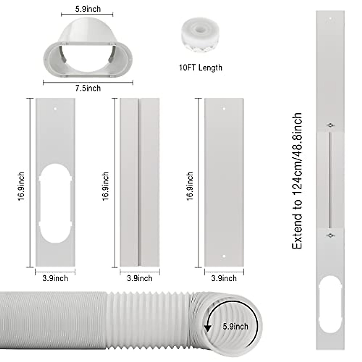 HOXHA Air Conditioner Window Vent Kit Universal Adjustable Window Kit with 5.9” Diameter 59” Length Exhaust Hose for AC Unit, AC Seal Panel for Horizontal&Vertical Window