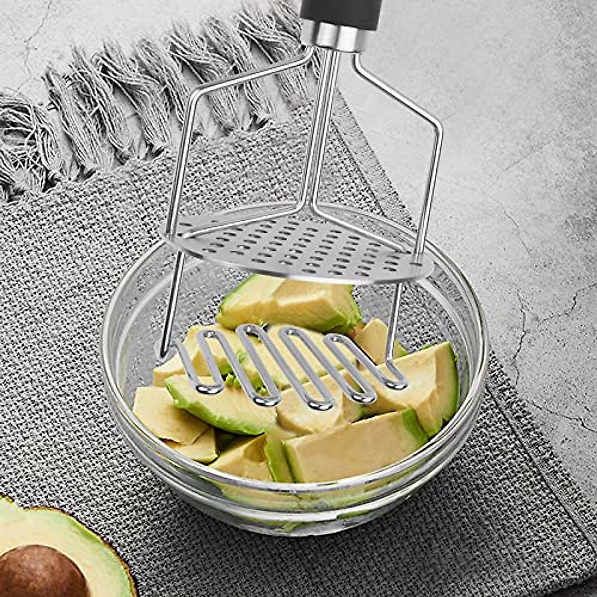 KUFUNG Potato Masher Stainless Steel, Potato Smasher Metal Wire Utensil for Best Mash for Bean, Avocado, Egg, Mini Mashed Potatoe, Banana & Other Food (2-Layers (Round holes 2), Silver)