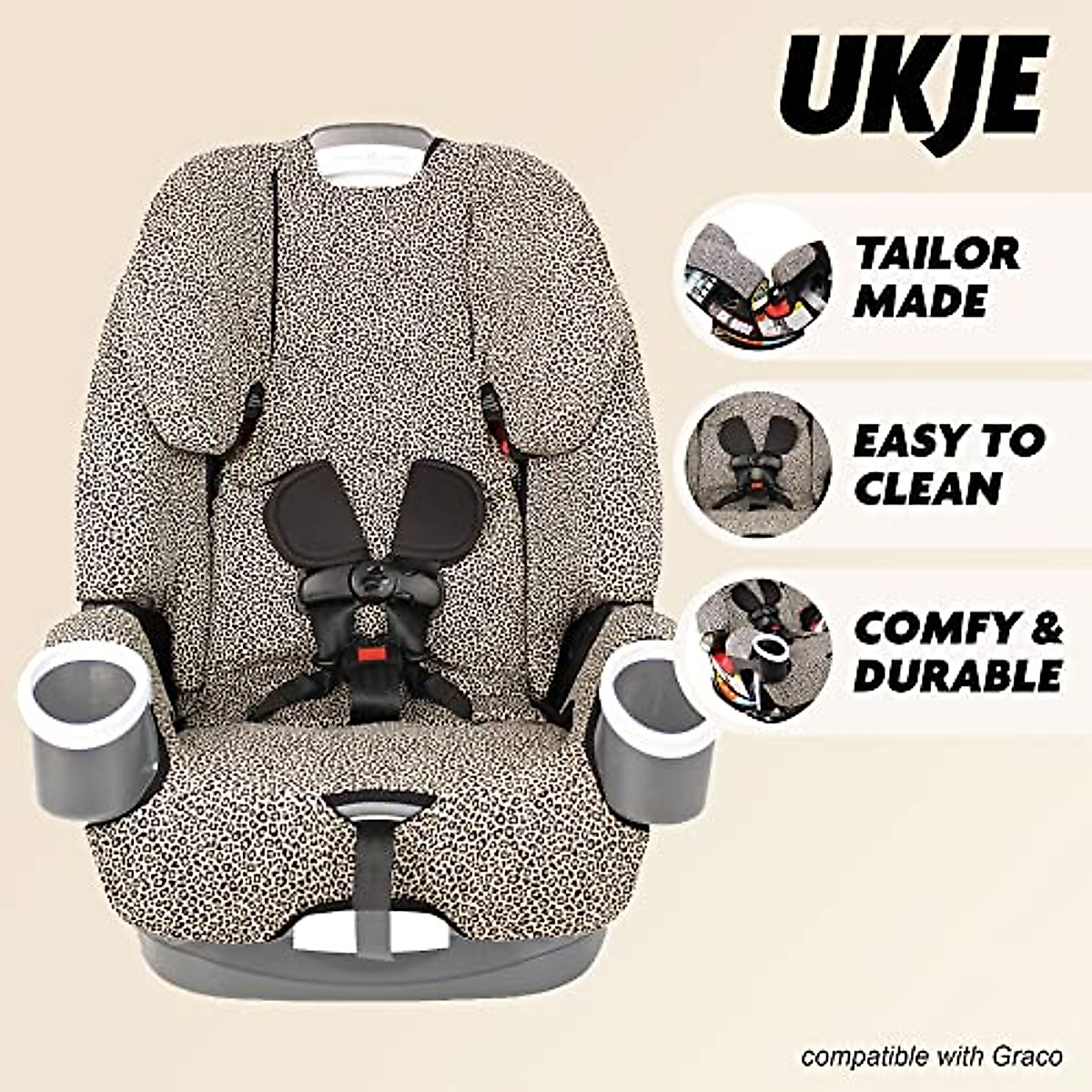 UKJE Protective Car Seat Cover Compatible with Graco 4ever DLX 4-in-1 Car Seat, CPSC Compliant Standards, Car Seat Liner Protector, Convertible Car Seat, Travel Accessories, Cotton Cover- Sand Leopard