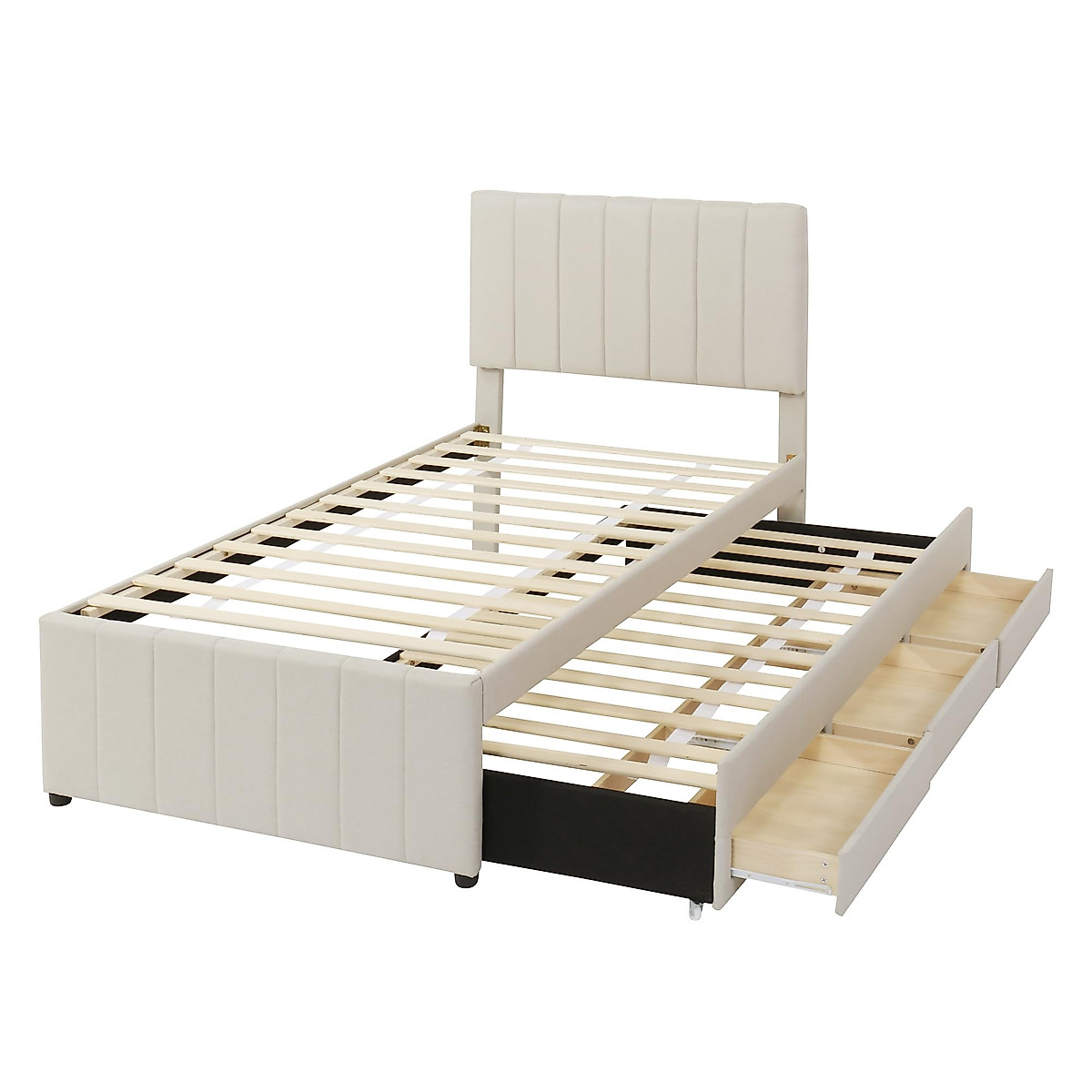 FANYHOME Upholstered Platform Bed, Twin Size Wooden Bed Frame with Pull-Out Twin Size Trundle and 3 Drawers, Wood Slat Support, No Box Spring Needed, Linen Fabric, Beige