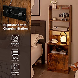 Giantex Nightstand with Charging Station - 55" Tall Bedside Table with 6-Level Adjustable Shelves, Multifunctional End Table & Bookshelf, Modern Storage Cabinet for Bedroom (Rustic Brown)