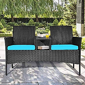 LDAILY Patio Conversation Set, Modern Rattan Loveseat, Outdoor Furniture Set with Removable Cushions & Table, Patio Wicker Sofa Set, Tempered Glass Top, Ideal for Garden Lawn Backyard