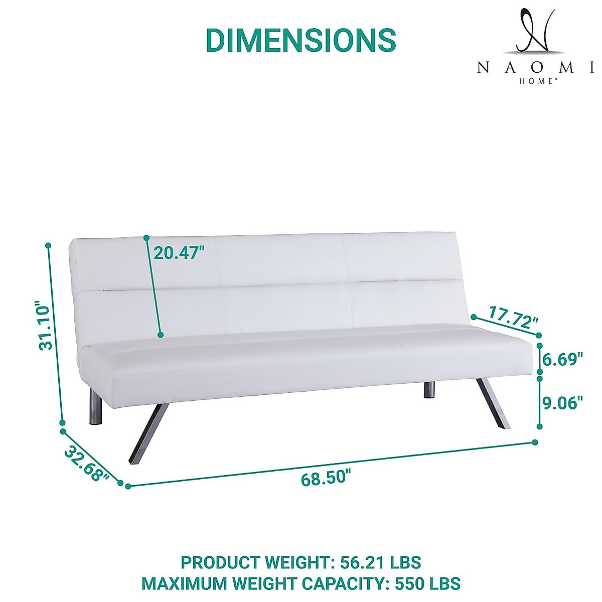 Naomi Home Faux Leather Futon Couch, Modern Convertible Folding Sofa Bed Couch Futon Sofa Bed with Chrome Legs, Reclining Mini Couch, Leather Futon Small Couch for Bedroom Living Room White