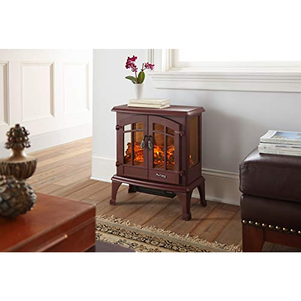 e-Flame USA Jasper Freestanding Electric Fireplace Stove Heater - Realistic 3-D Log and Fire Effect (Red)