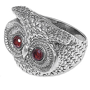 NOVICA Artisan Handmade Garnet Cocktail Ring Balinese Sterling Silver Owl with Eyes Red Indonesia Animal Themed Birthstone [crownbezel 0.7 in L x 1 in W x 0.2 in H Band Width 3 mm W] ' Owl Eyes'