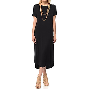 iconic luxe Women's Casual Loose-Fit Midi T-Shirt Dress – Short Sleeve, Soft Stretchy Fabric, Lightweight Large Black