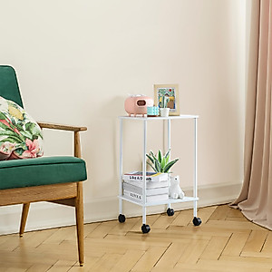 Vrisa End Tables Living Room Industrial Narrow Side Tables Nightstand with Wheels Bedside Table with Storage Shelves for Small Spaces Bedroom Living Room Guest Room Couch, White