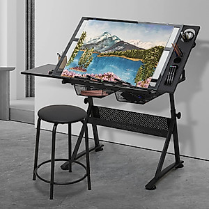 MoNiBloom Adjustable Height Drafting Table with Stool, Modern Style, Tough Glass Top, 28-36 in Length, 19 in Width, 30 in Height, Ideal for Artists, Designers, Office, Studio