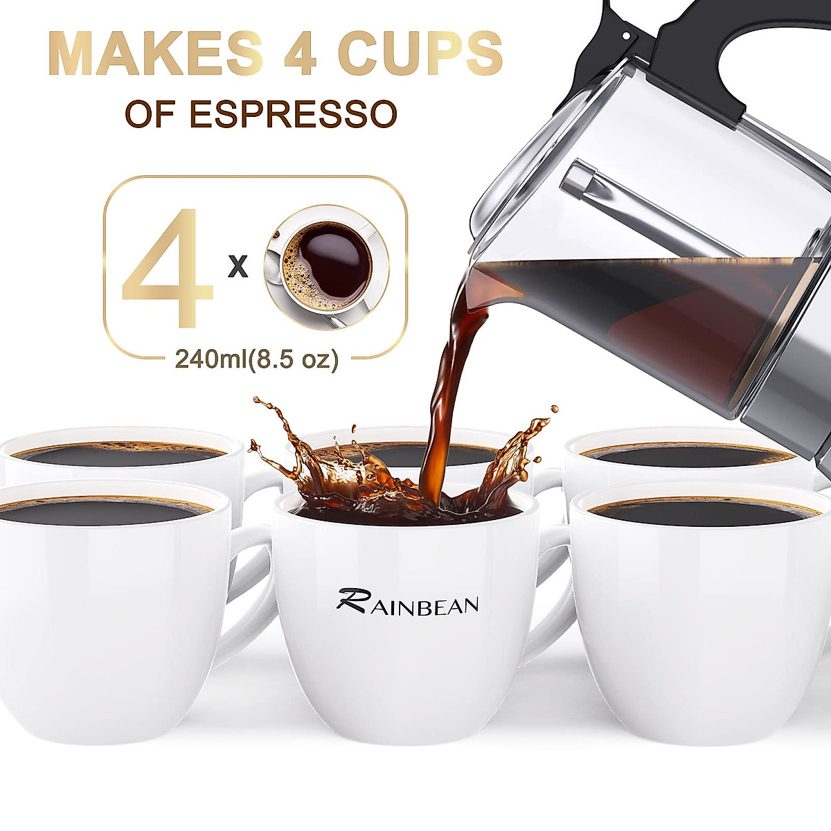 RAINBEAN Italian Expresso Maker, Moka Pot, Stovetop Coffee Makers, Stainless Steel Coffee Maker, Suitable for Induction Hob, 240ml/8.5oz/4 cup (espresso cup=50ml)