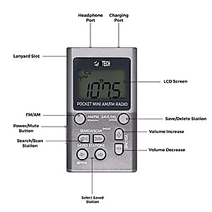 BTECH MPR-AF1 AM FM Personal Radio with Two Types of Stereo Headphones, Clock, Great Reception and Long Battery Life, Mini Pocket Walkman Radio with Headphones (Silver)