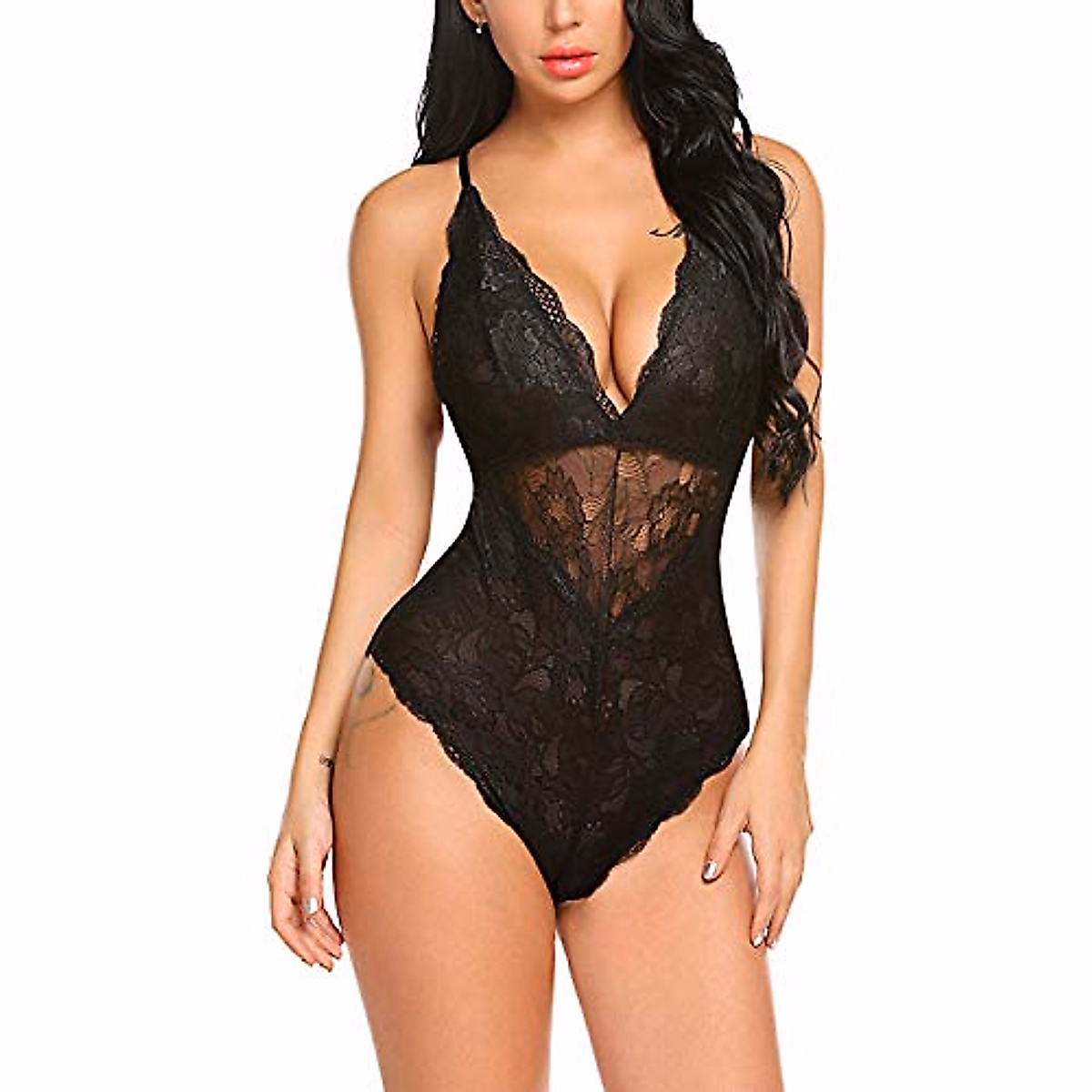 Aniywn Lace Bodysuit One Piece Lingerie for Women Deep V Neck Sexy Lace Bodysuit Babydoll Underwear