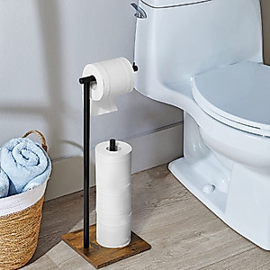 Toilet Paper Holder Stand with Shelf Wood Freestanding Tissue Paper Roll Holder Farmhouse Toilet Paper Standing for Bathroom, Rustic Brown