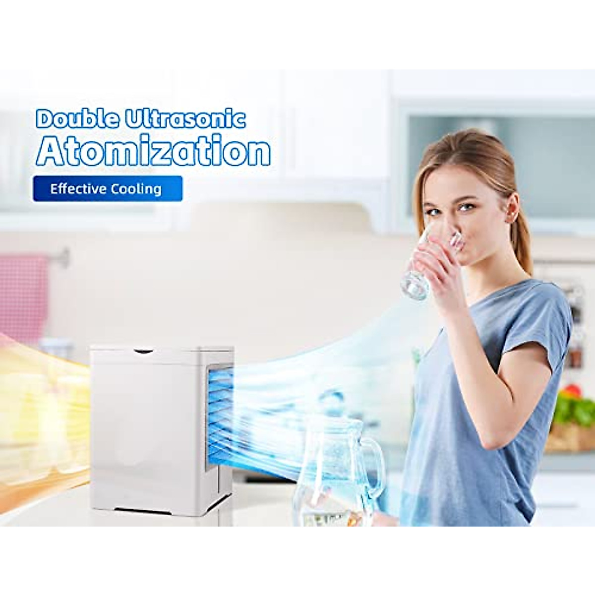 Portable Air Conditioner 3 Speed Evaporative Rechargeable Cooler Fan with Led Light, Personal Mini Humidifier Fan for Your Desk, Nightstand, Coffee Table, Room, Bedroom, Office & Kitchen