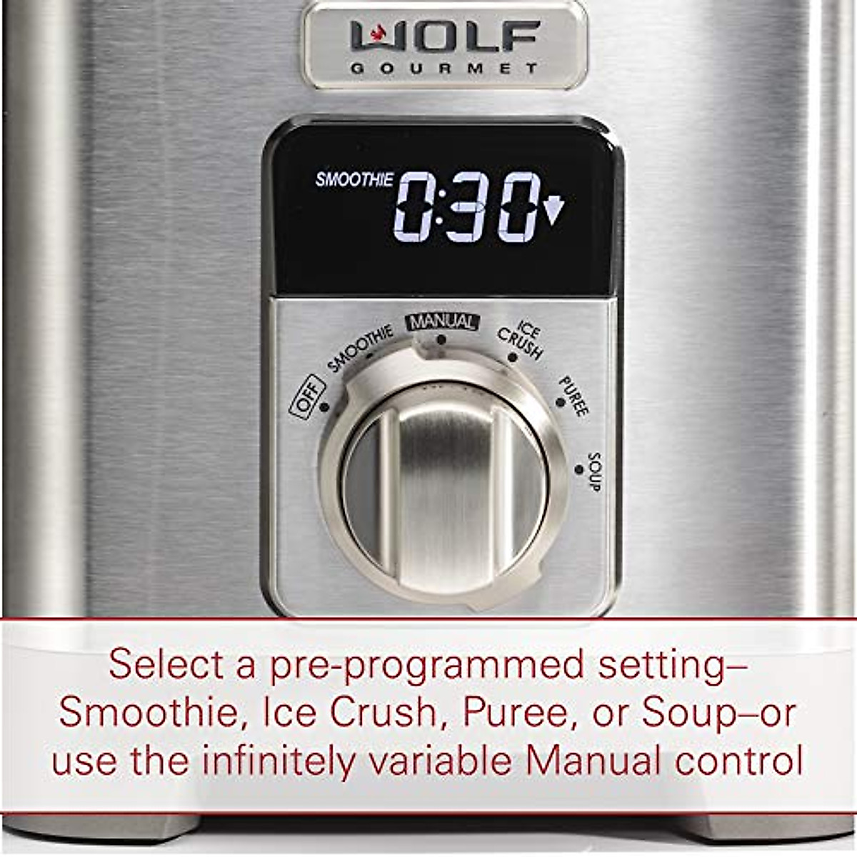 Wolf Gourmet High-Performance Blender, 64 oz Jar, 4 Program Settings, 12.5 AMPS, Blends Food, Shakes and Smoothies, Silver Knob with Black Knob Accessory, Stainless Steel (WGBL120SR)