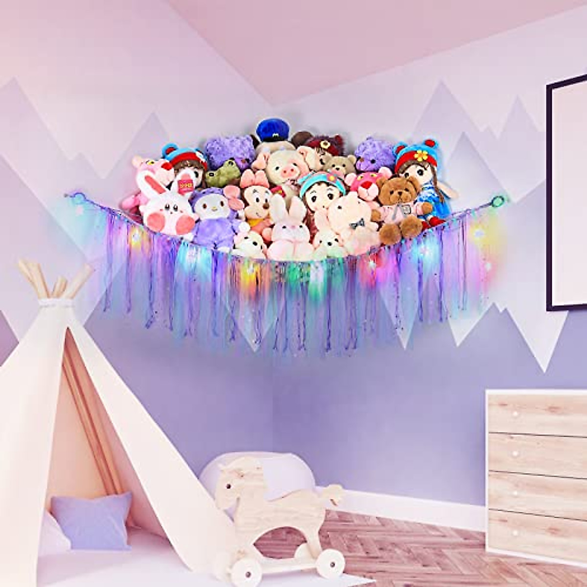 Stuffed Animal Net or Hammock with LED Light, Toy Hammock Hanging Stuffed Animal Storage Organizer Holder Room Décor with Tassels for Nursery Play Room Kids Bedroom (Purple)