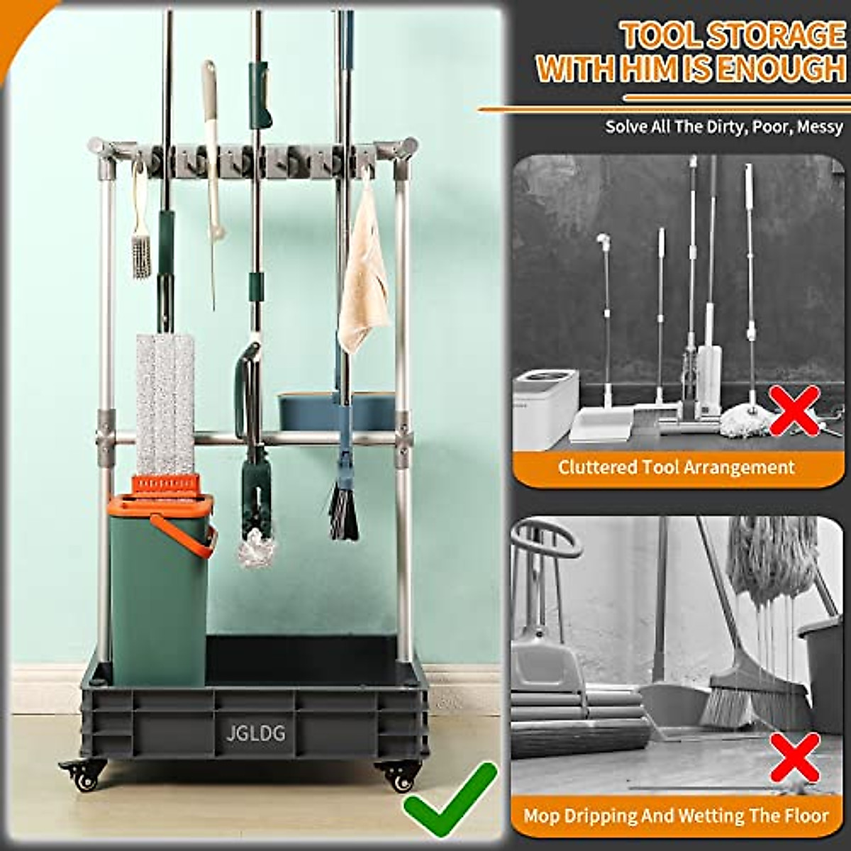 Broom mop Holder Cleaning Supplies Organizer Janitor carts on Wheels Housekeeping Station Storage Tools for Garage, Garden, Closet, Cabinet