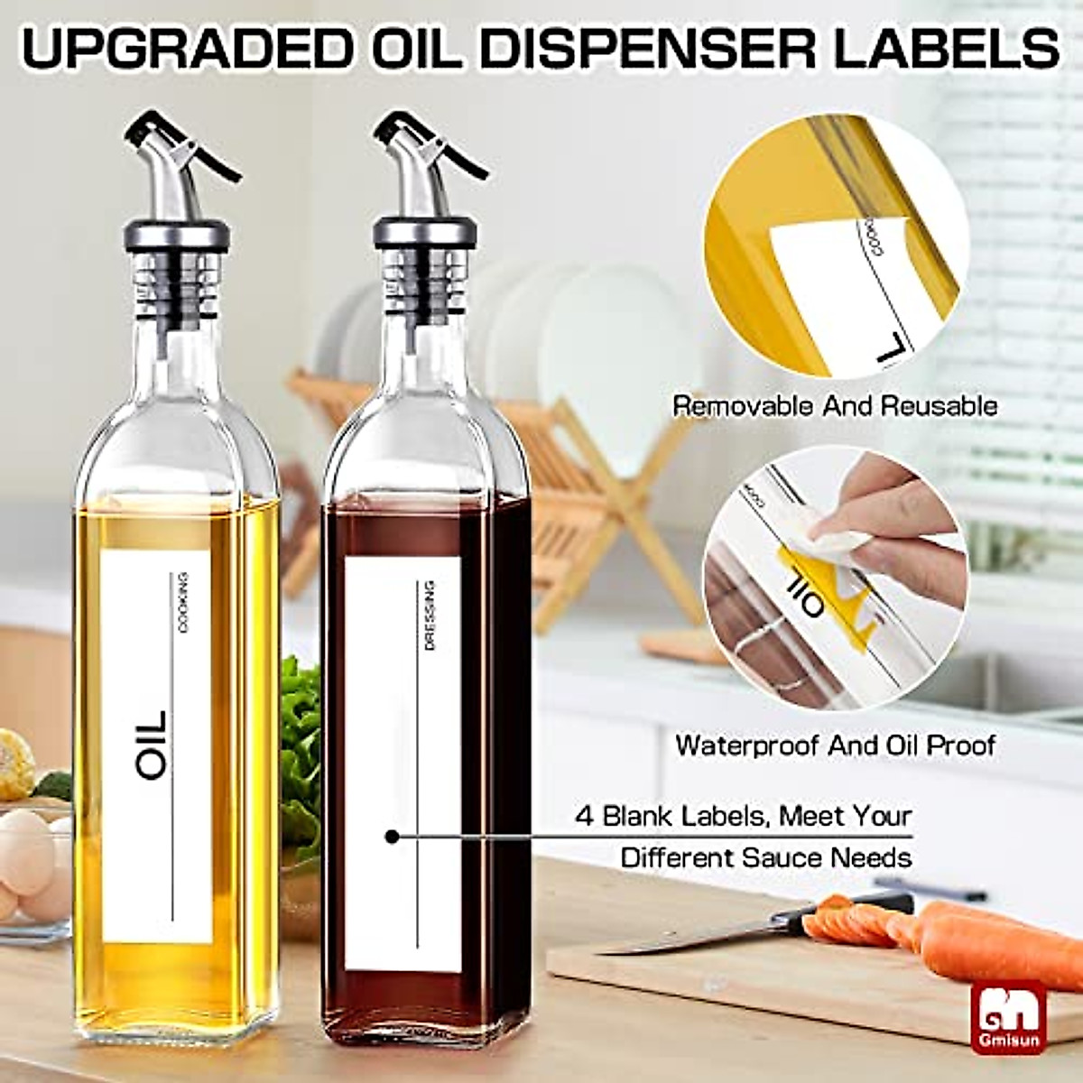 GMISUN Olive Oil Dispenser Bottle, Oil Dispenser Bottle for Kitchen, Cooking Oil and Vinegar Dispenser Set 4Pack, Glass Oil Container Cruet-Oil Pourer Spout, Funnel and Labels, Clear for Oil, Vinegar