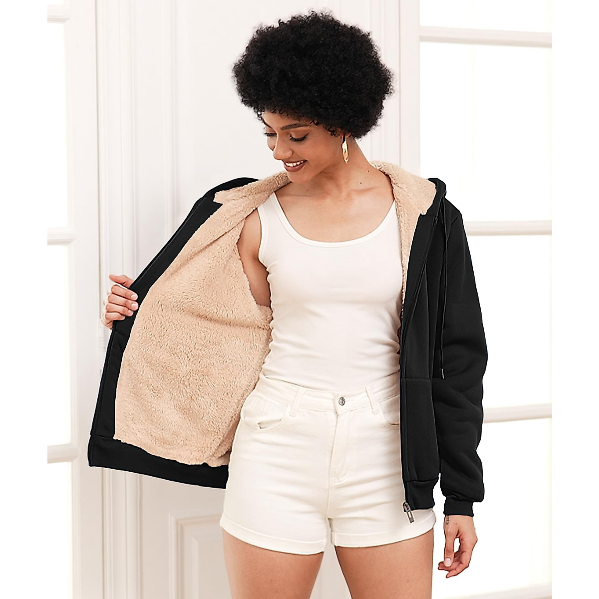 SWISSWELL Hoodies for Women Winter Fleece Sweatshirt - Full Zip Up Thick Sherpa Lined Black XX-Large