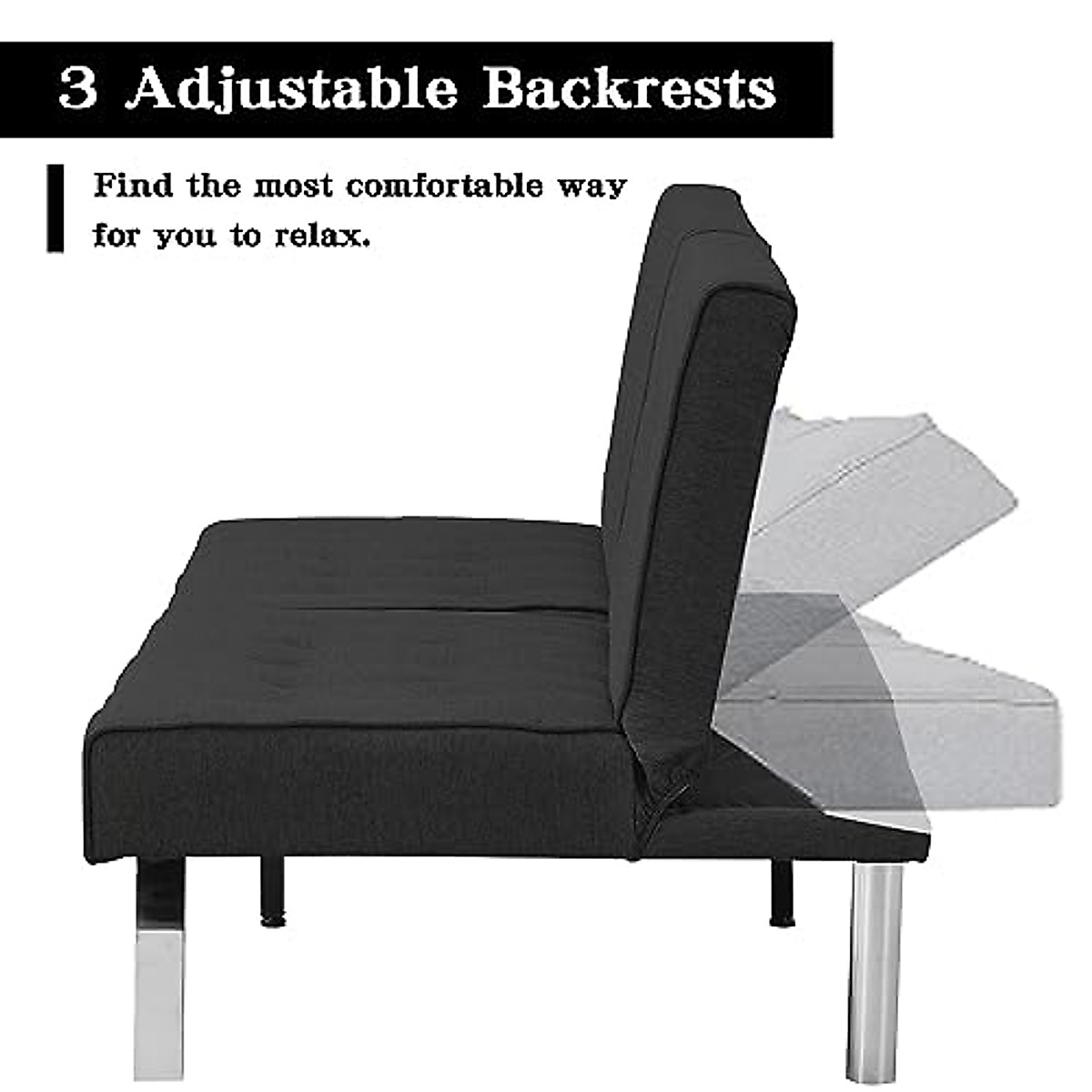 JCSTEU 68’’ Modern Futon Couch Bed with Adjustable Backrest, Linen Folding Sleeper Loveseat Sofa with Metal Leg, Convertible Sofa for Small Space, Living Room (Black)