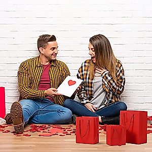 12 Pieces Valentine Red Gift Bags with Handles, Mini Medium Large Paper Euro Totes Gift Bags, Red Paper Gift Wrap Bags with Cards for Xmas Holidays Birthdays Baby Shower Party