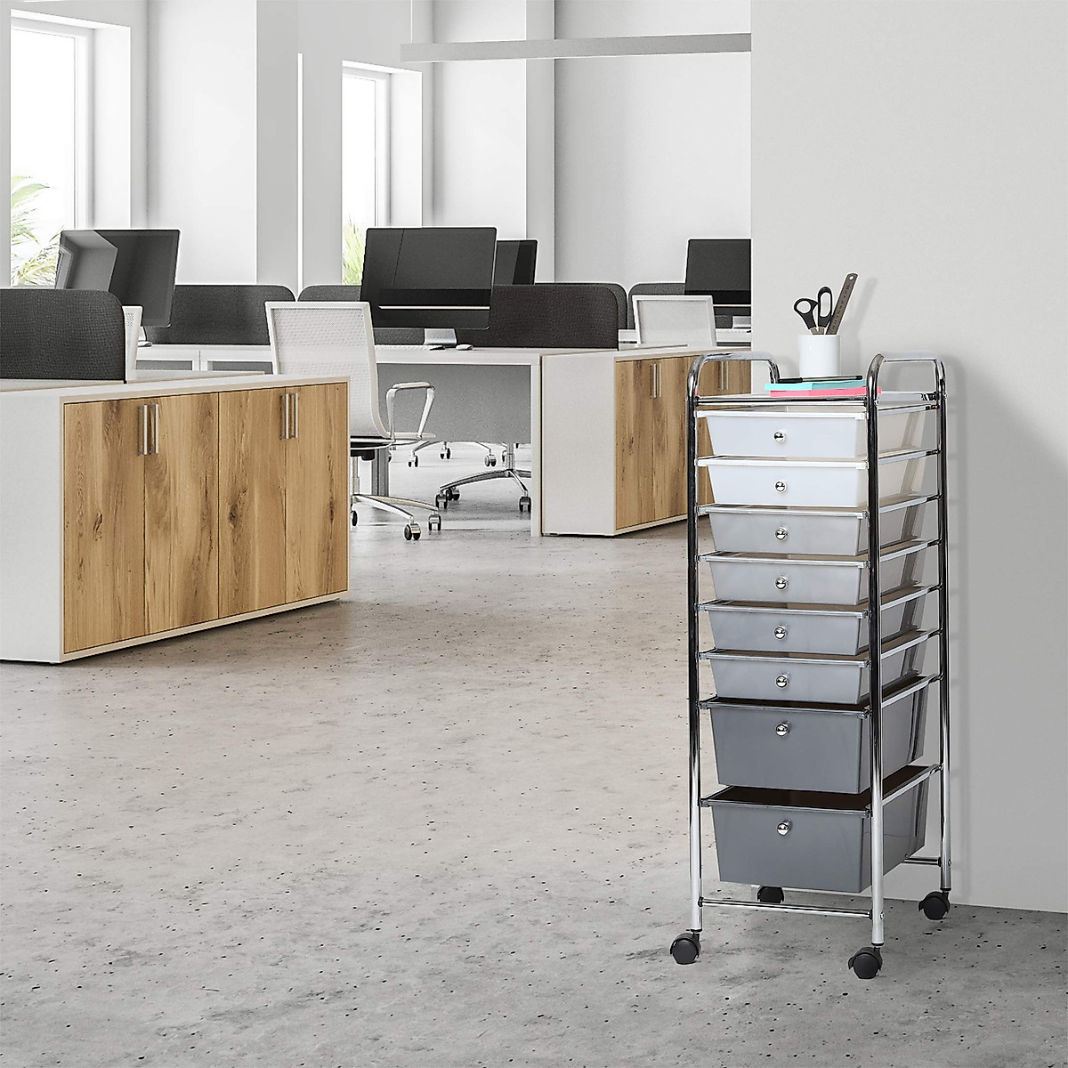 Seville Classics 8-Drawer Multipurpose Mobile Rolling Utility Storage Bin Organizer Cart, Gradient Gray