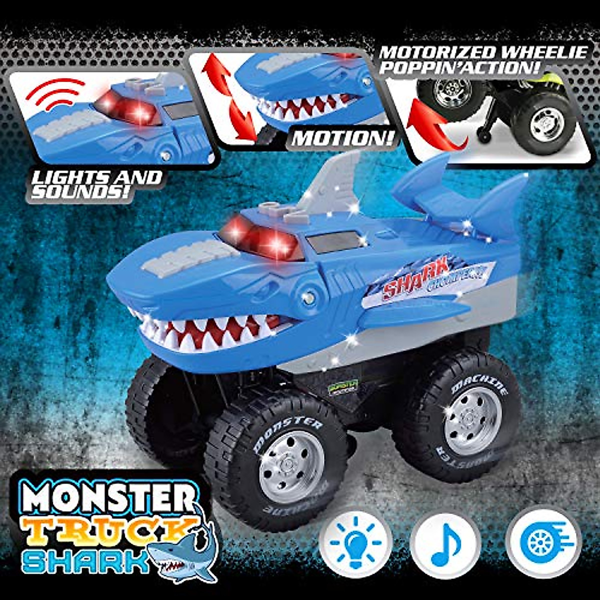 Rugged Racers Monster Trucks for Boys and Girls – Off Road Big Wheels Vehicle – Shark – Battery Operated Mouth Opening Design – Revving Engine with Sounds and Lights